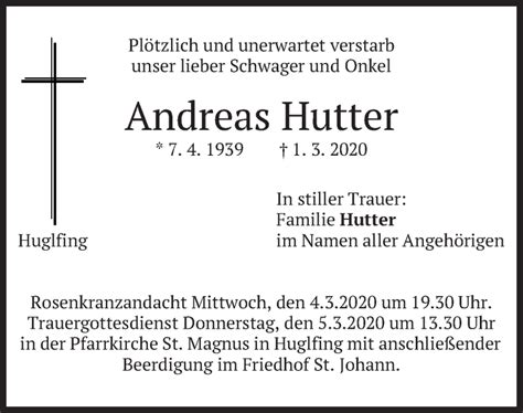 Traueranzeigen Von Andreas Hutter Trauer Merkur De