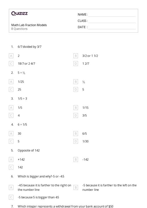 แผ่นงาน แบบจำลองเศษส่วน มากกว่า 50 แผ่นในราคา ชั้นประถมศึกษาปีที่ 6 ใน Quizizz ฟรีและพิมพ์ได้