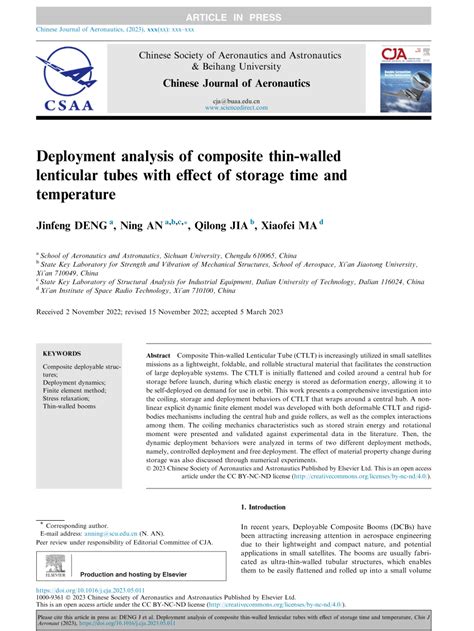 Pdf Deployment Analysis Of Composite Thin Walled Lenticular Tubes With Effect Of Storage Time