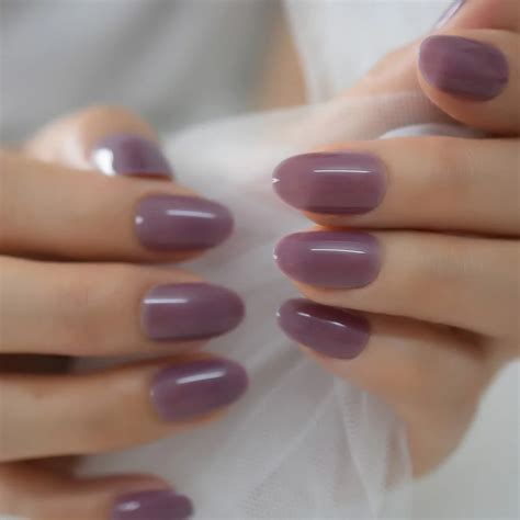 Pure Color Nails Uv Polish Oval Faux Nails Light Taro Purple Glossy Nail Artificial Tips With