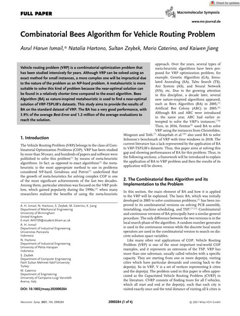 Pdf Combinatorial Bees Algorithm For Vehicle Routing Problem