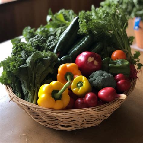 Premium Ai Image A Basket Of Vegetables Is On A Table With A Blue
