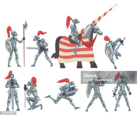 중세 기사 세트 고대 무기 만화 스타일 벡터 일러스트와 전체 헤비 메탈 바디 갑옷에 기병 전사 캐릭터 기사 사람의 역할에 대한 스톡 벡터 아트 및 기타 이미지 Istock