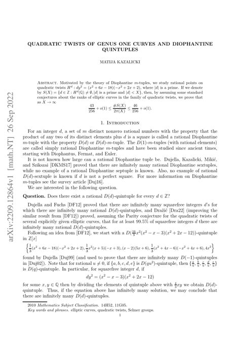 Pdf Quadratic Twists Of Genus One Curves And Diophantine Quintuples