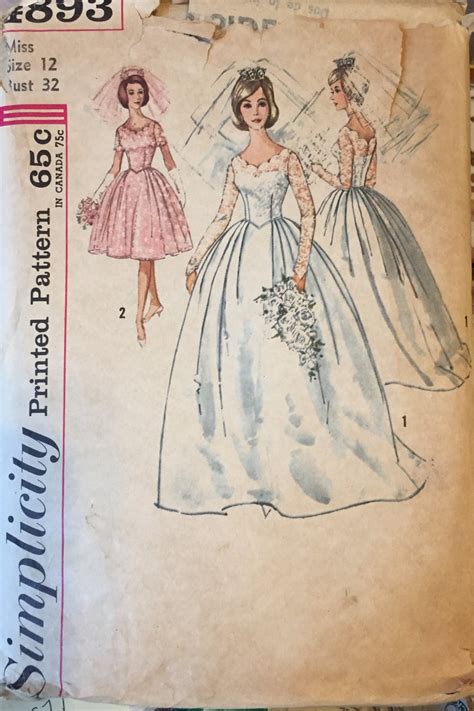 1960s Simplicity 4893 Wedding Gown Sewing Pattern Size 12 Bust 32