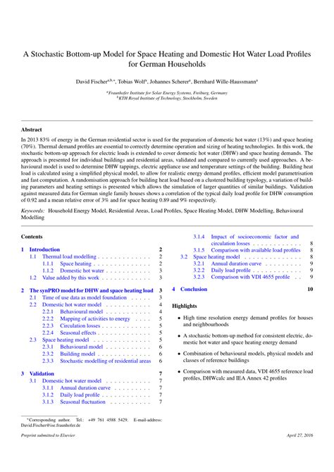 Pdf A Stochastic Bottom Up Model For Space Heating And Domestic Hot Water Load Profiles For