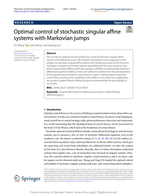 Pdf Optimal Control Of Stochastic Singular Affine Systems With Markovian Jumps
