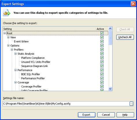 Export Settings Dialog Aqtime Documentation
