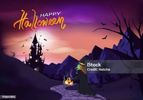 해피 할로윈 포스터 초대 인사말 카드 마녀와 고양이 산책 성 판타지 개념 공포 이야기 핑크 파스텔 배경 일러스트 풍경에 대한 스톡 벡터 아트 및 기타 이미지 Istock