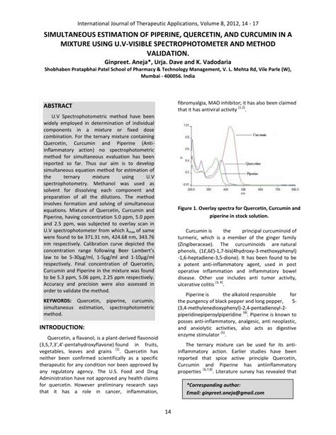 Pdf Simultaneous Estimation Of Piperine Quercetin And Curcumin In A Mixture Using Uv