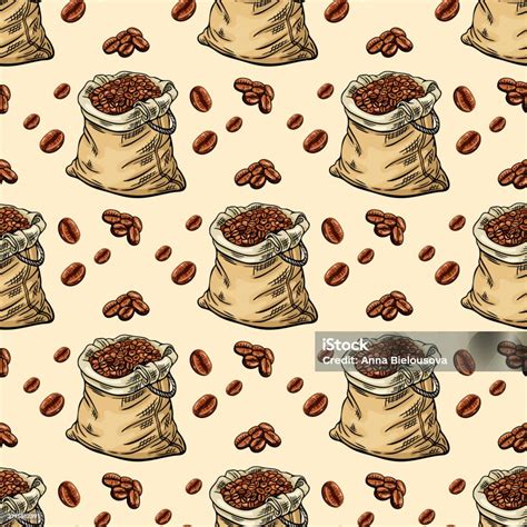 조각 커피 콩의 가방 벡터 일러스트 레이 션 색상 및 완벽 한 패턴의 라인 스케치 Central London에 대한 스톡 벡터 아트 및 기타 이미지 Central