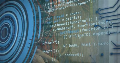 Image Of Interface With Data Processing Over Caucasian Female Engineer Working At Server Room