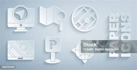 주차 위치가 있는 접힌 지도 도시 내비게이션 월드 글로브 나침반 검색 및 모니터 마커 아이콘을 설정합니다 벡터 0명에 대한 스톡 벡터 아트 및 기타 이미지 Istock