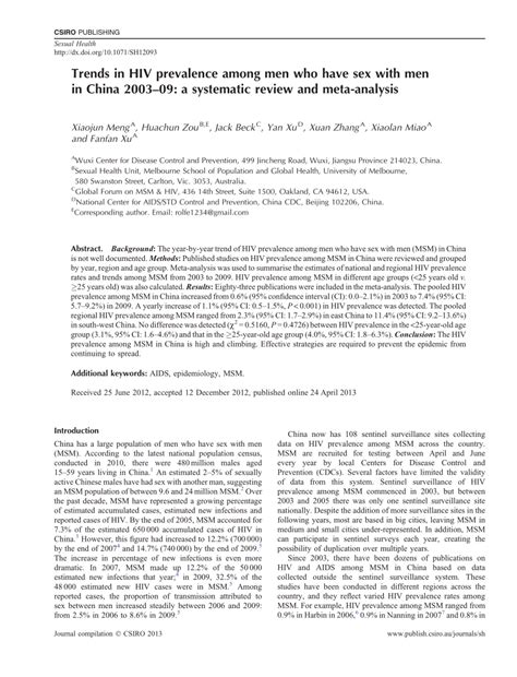 PDF Trends In HIV Prevalence Among Men Who Have Sex With Men In China 2003 09 A Systematic