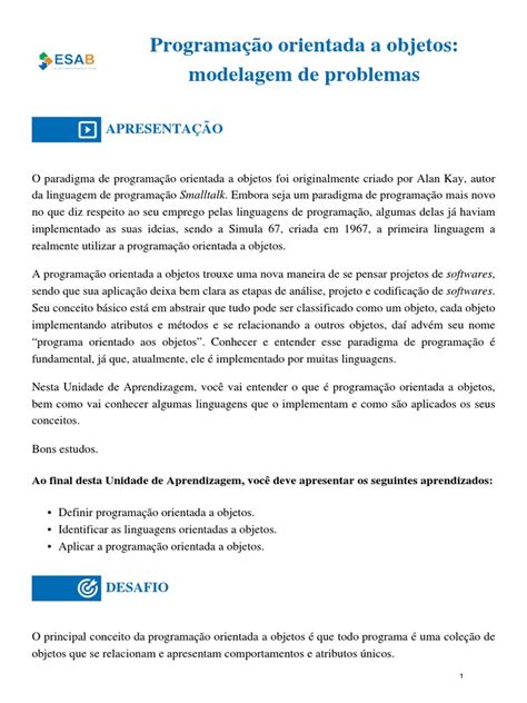 Programacao Orientada A Objetos Pdf Linguagem De Programação Classe Programação De