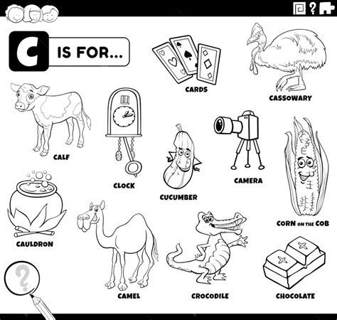 Black And White Educational Cartoon Illustration Of Comic Characters And Objects Starting With