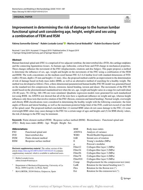 Improvement In Determining The Risk Of Damage To The Human Lumbar Functional Spinal Unit
