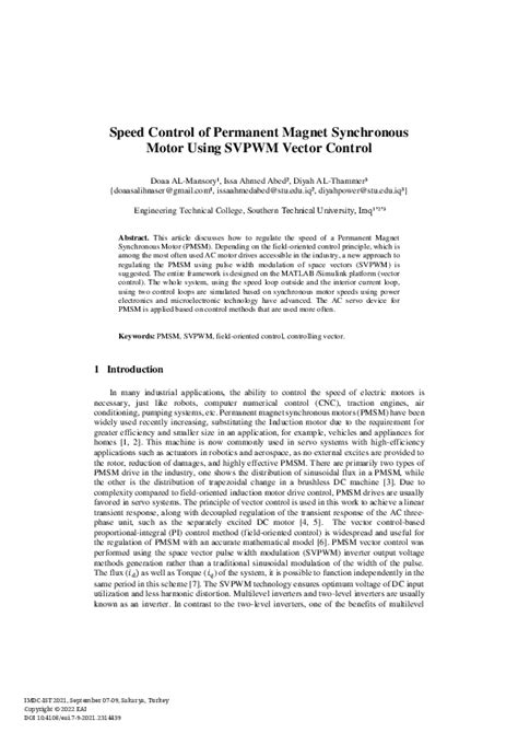 Pdf Speed Control Of Permanent Magnet Synchronous Motor Using Svpwm Vector Control