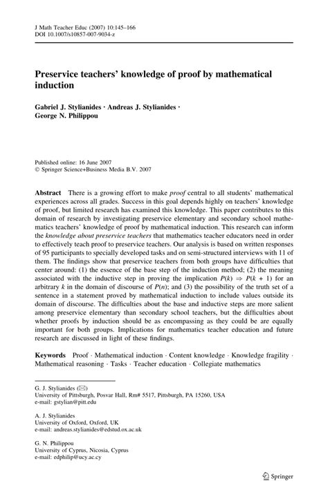 Pdf Preservice Teachers Knowledge Of Proof By Mathematical Induction