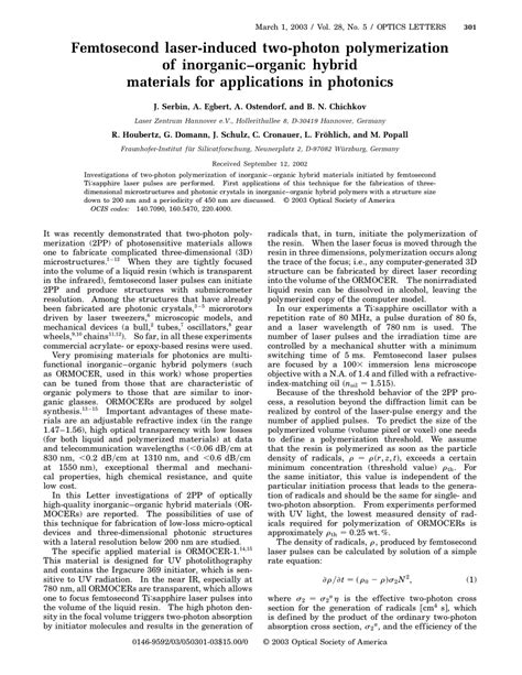 Pdf Femtosecond Laser Induced Two Photon Polymerization Of Inorganic Organic Hybrid Materials