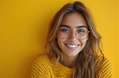 Ai Generated Woman Showing Smile Smiling With Glasses On Yellow
