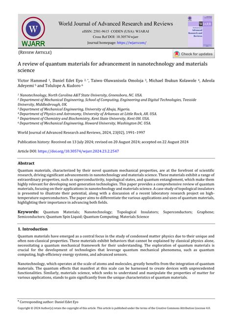 Pdf A Review Of Quantum Materials For Advancement In Nanotechnology And Materials Science