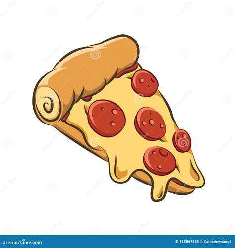 Delicious Pepperoni Pizza Slice Cartoon With Outline Stock Vector Illustration Of Playful
