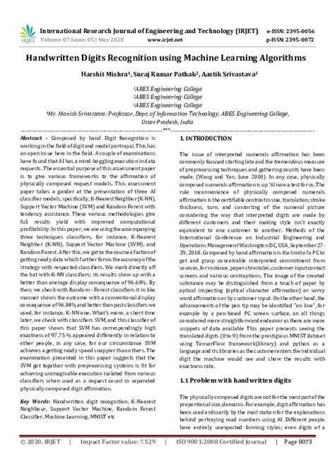 Pdf Handwritten Digits Recognition Using Machine Learning Algorithms