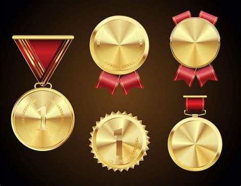 Conjunto De Medallas De Oro Aislado En Ilustración Vectorial De Fondo