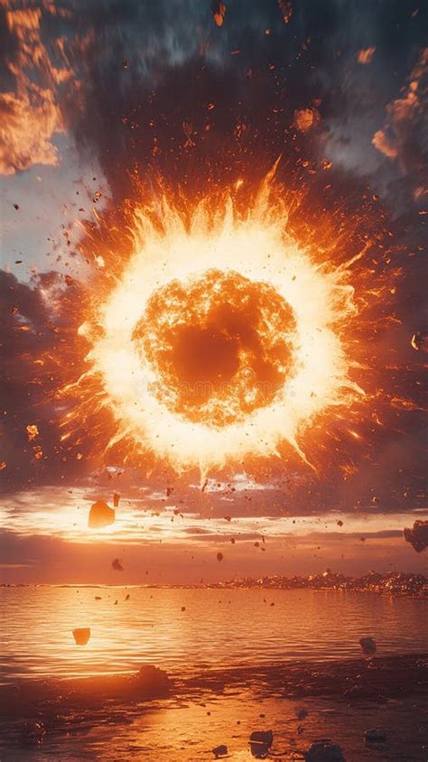 Frozen Moment Of An Atomic Explosion With Blasting Shockwave Stock