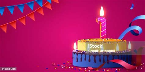 1 주년 불타는 양초와 색종이가있는 케이크 생일 배너입니다 1에 대한 스톡 벡터 아트 및 기타 이미지 1 케이크 갈란드 장식품 Istock