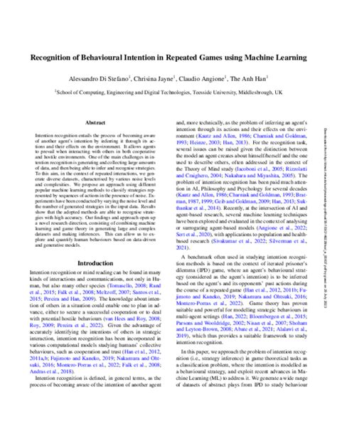 Pdf Recognition Of Behavioural Intention In Repeated Games Using Machine Learning