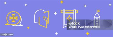 성 탑 중세 깃발 헬멧 및 십자군 아이콘을 설정합니다 벡터 The Crusades에 대한 스톡 벡터 아트 및 기타 이미지 The Crusades 강철 건축 Istock