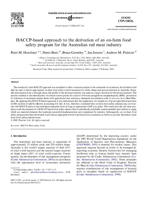 Pdf Haccp Based Approach To The Derivation Of An On Farm Food Safety Program For The