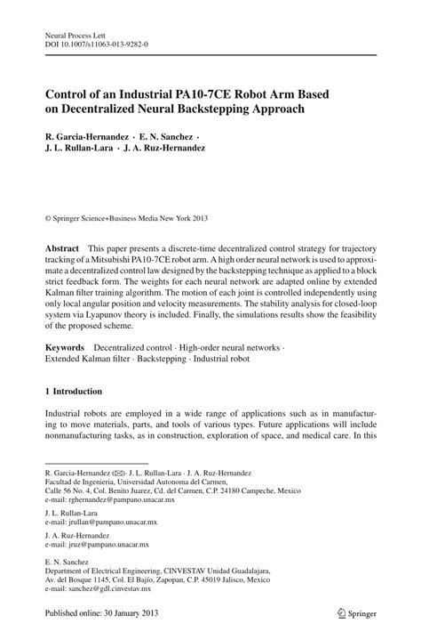 Pdf Control Of An Industrial Pa10 7ce Robot Arm Based On Decentralized Neural Backstepping