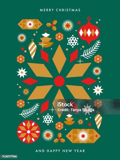 메리 크리스마스와 새해 복 많이 받으세요 인사말 카드 포스터 휴일 표지 빨간색 금색 녹색 흰색 색상의 기하학적 패턴으로 현대적인 크리스마스 디자인 크리스마스 트리 공 별
