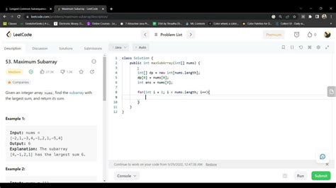 53 Maximum Sum Subarrray Leetcode Java Youtube