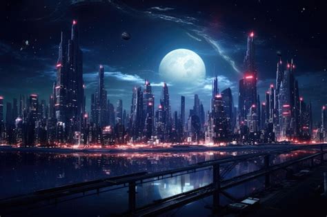 premium photo futuristic city at night with full moon 3d rendering