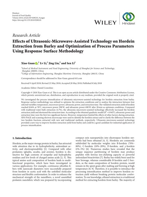 Pdf Effects Of Ultrasonic Microwave Assisted Technology On Hordein