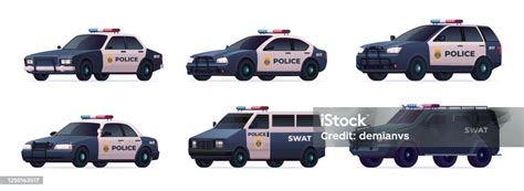 다양한 유형의 경찰차의 컬렉션 도시 도시 경찰차 밴 Suv 추격 및 스와트 트럭 경찰관에 대한 스톡 벡터 아트 및 기타 이미지 경찰관 스포츠 유틸리티 자동차 차