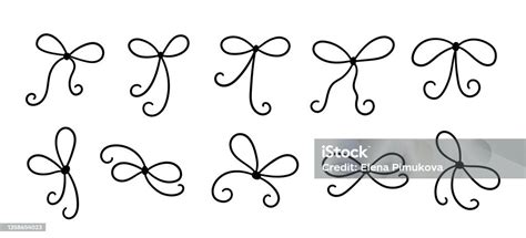 매듭이 있는 나사 활 장식 얇은 리본 세트 흰색 배경의 낙서 스타일로 격리된 손으로 그린 벡터 일러스트레이션 매기에 대한 스톡 벡터 아트 및 기타 이미지 Istock