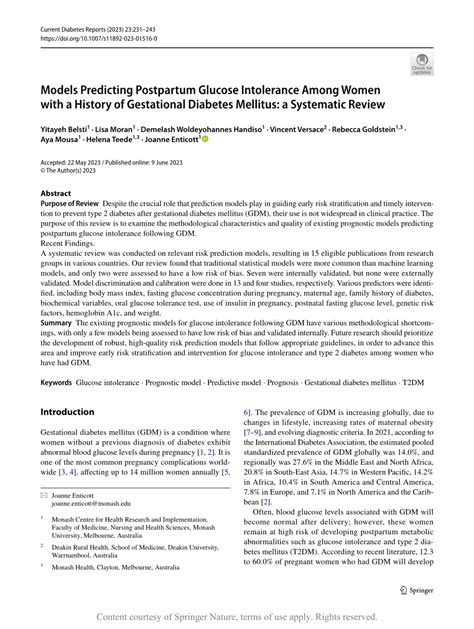 Pdf Models Predicting Postpartum Glucose Intolerance Among Women With