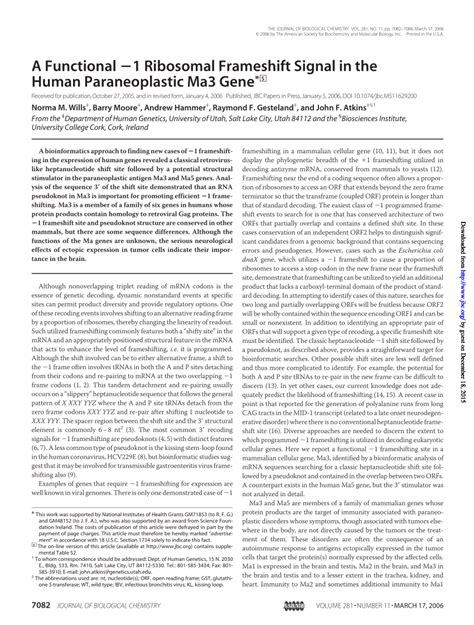 Pdf A Functional 1 Ribosomal Frameshift Signal In The Human