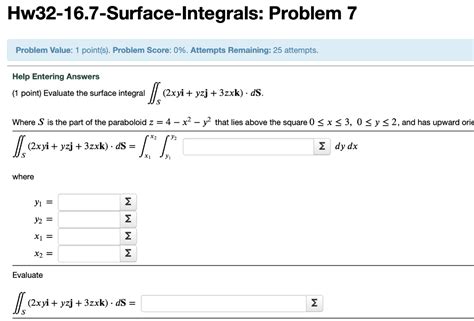 solved hw32 16 7 surface integrals problem 7 problem value