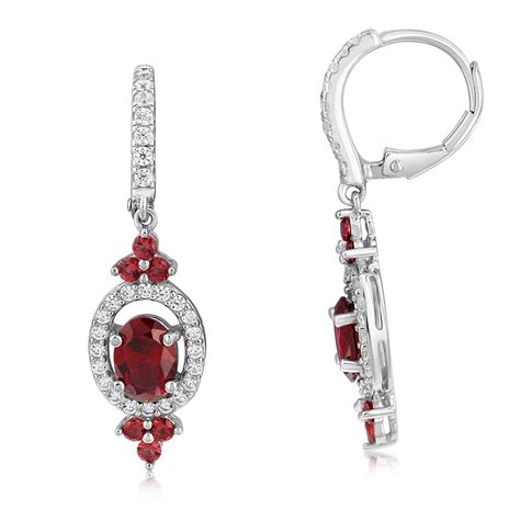 Sterling Silver Rhodium Plated Red Stone White Cubic Zirconia Drop Ear
