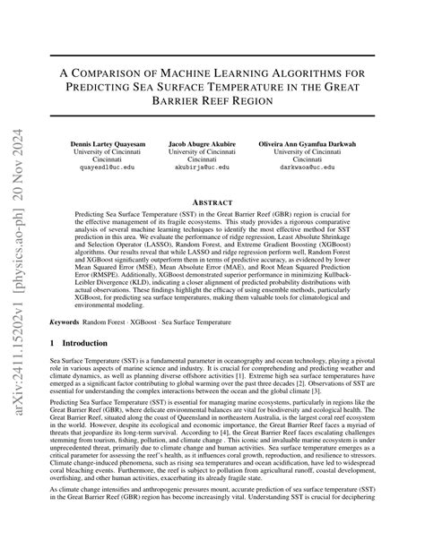Pdf A Comparison Of Machine Learning Algorithms For Predicting Sea Surface Temperature In The