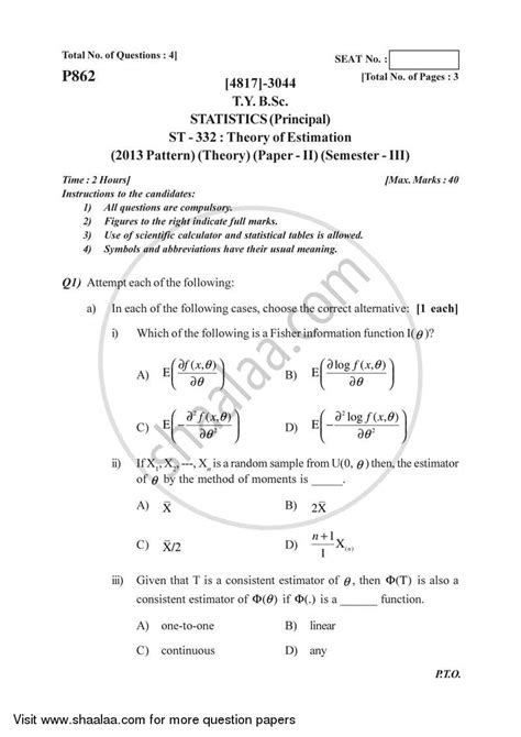 Theory Of Estimation 2015 2016 B Sc Statistics Semester 5 Tybsc 2013 Pattern Question Paper