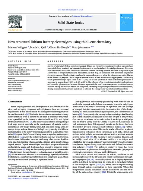Pdf New Structural Lithium Battery Electrolytes Using Thiol Ene Chemistry