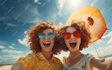 Premium Photo Girls Taking A Selfie On The Beach Generative Ai