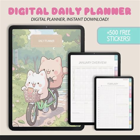 Undated Kawaii Digital Daily Planner Ipad Goodnotes Compatible Pdf